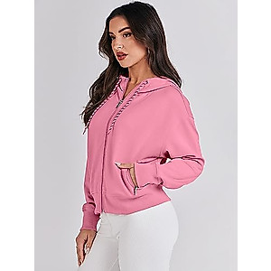 Caracilia Women's Full Zip Up Hoodies Cropped Drawstring Sweatshirts Teen Girl Cute Y2K Lightweight Preppy Pink Hooded Casual Preppy Jackets 2023 Fall Winter Fashion Clothes C114A8-yanfen-XL