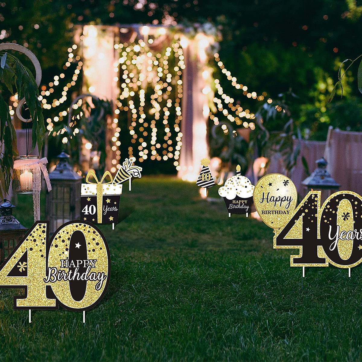 Happy 40th Birthday Party Yard Sign Set of 8 Black Gold 40 Birthday Yard Signs with Stakes and Outdoor Lawn Decorations