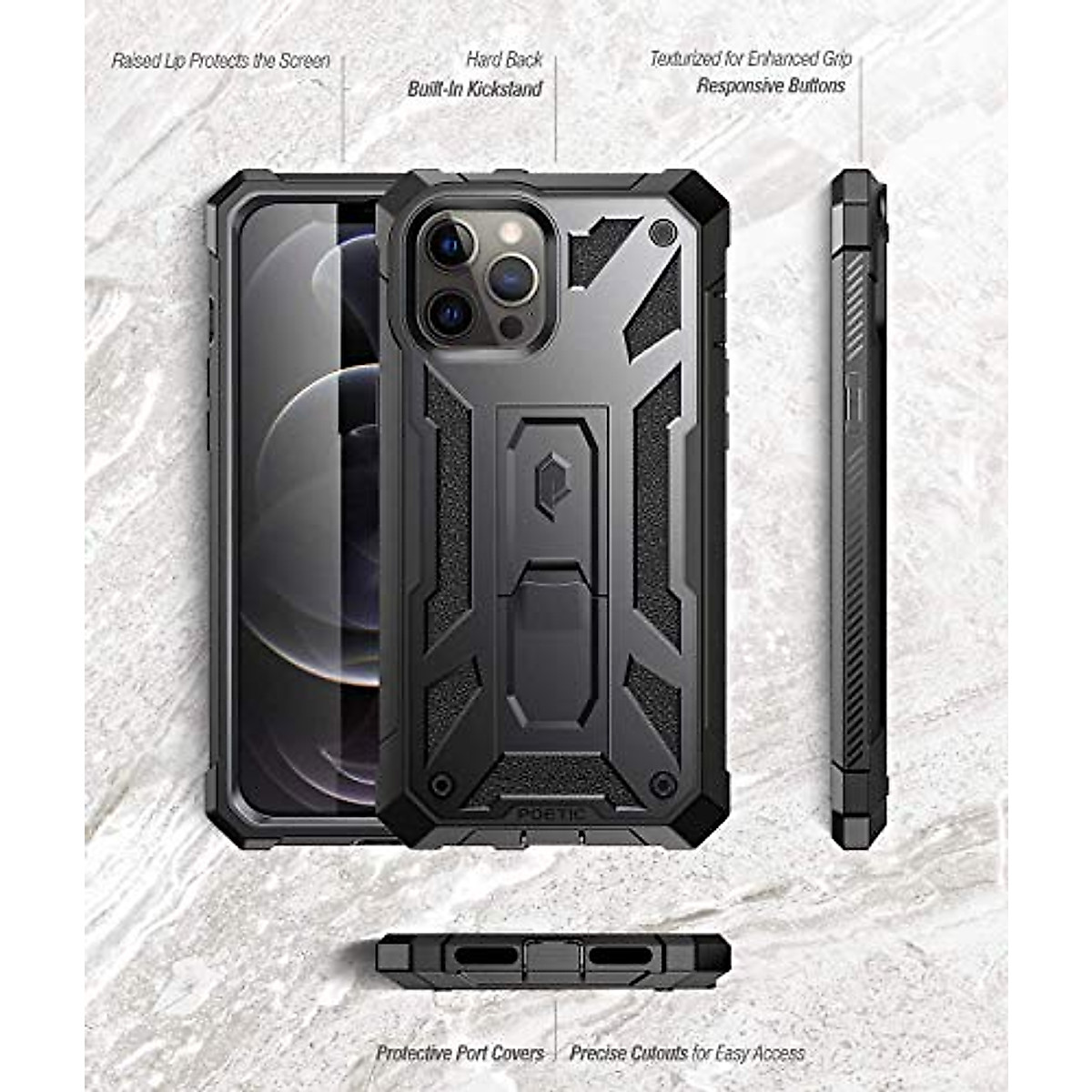 Poetic Spartan Series for iPhone 12 Pro Max 6.7 inch Case, Full-Body Rugged Dual-Layer Metallic Color Accent with Premium Leather texture Shockproof Protective Cover with Kickstand, Metallic Gun Metal