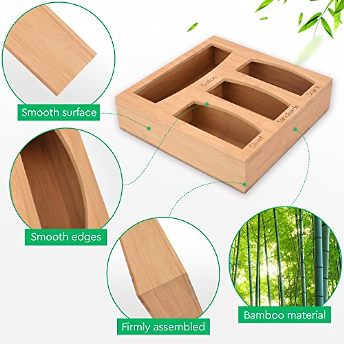 aanch Bamboo Ziplock Bag Organizer for Kitchen Drawer, Easy to use Baggie Storage Organizer, Compatible with Gallon, Quart, Sandwich and Snack
