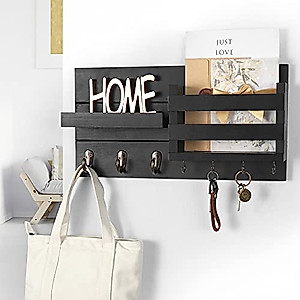 Lwenki Mail Organizer for Wall Mount – Key Holder with Shelf Includes Letter Holder and Hooks for Coats, Dog Leashes – Rustic Wood with Flush Mounting Hardware (16.5” x 8.7” x 3.5”)