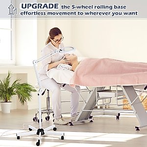 5X Magnifying Glass with Light and Stand, Veemagni 2,200 Lumens Magnifying Floor lamp with 5 Wheels Rolling Base, LED 5 Color Modes, Stepless Dimmable Lighted Magnifier for Esthetician, Facials, Salon