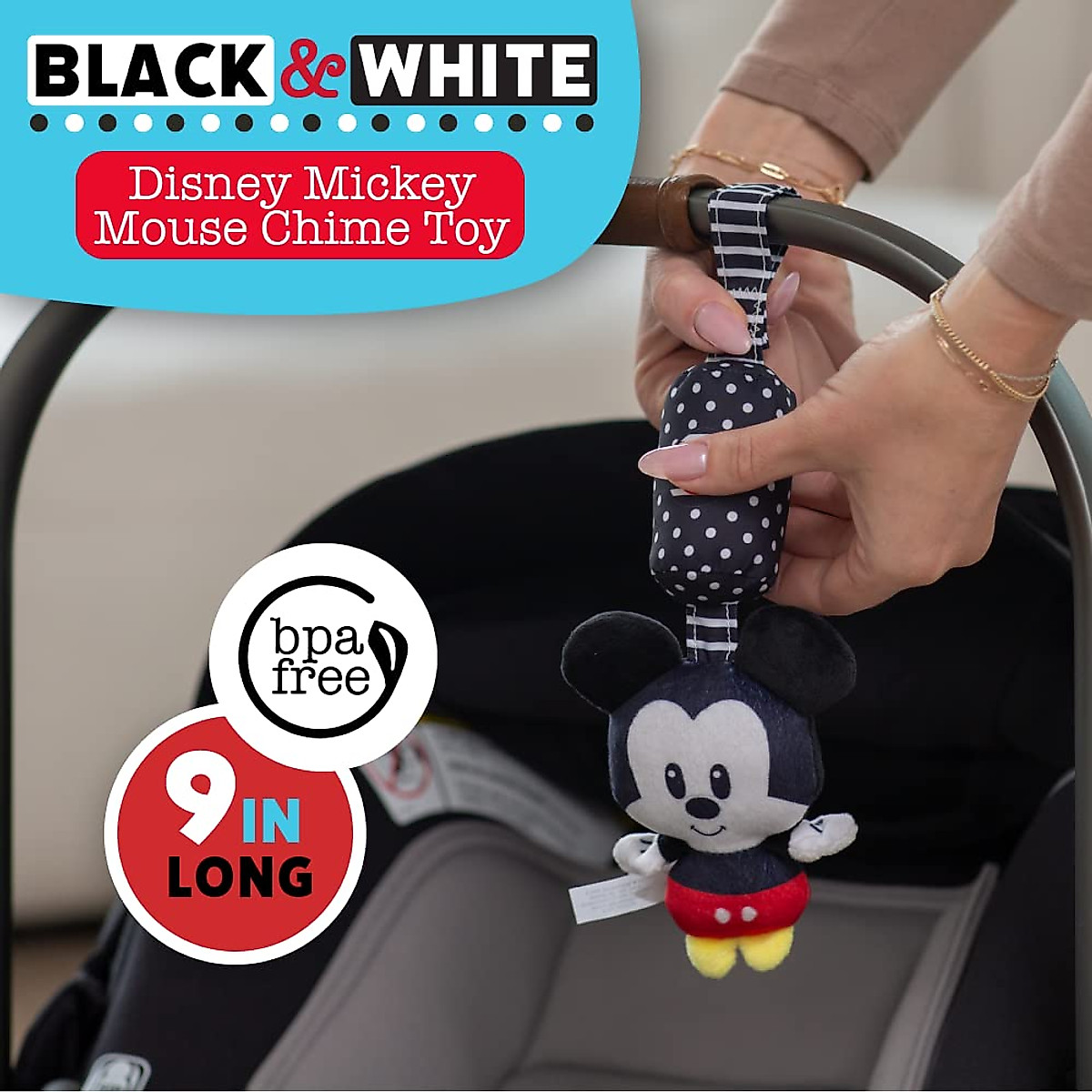 KIDS PREFERRED Disney Baby Mickey Mouse Chime Toy, High Contrast Crinkle Plush, Boys and Girls Ages 0+, Stroller On The Go Activity Toy (81248),9 inches