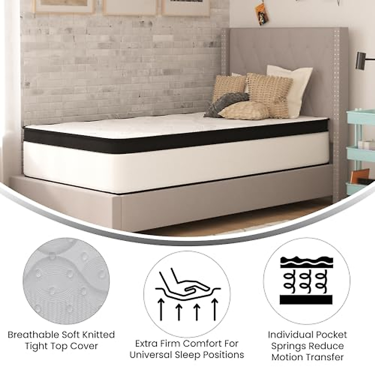 Flash Furniture Capri Comfortable Sleep Firm 12 Inch CertiPUR-US Certified Hybrid Pocket Spring Mattress, Extra Firm Feel, Durable Support, Twin Mattress in a Box,White
