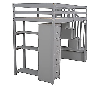 SOFTSEA Twin Loft Bed with Staricase and 4 Storage Drawers Solid Wood Loft Bed with Shelves