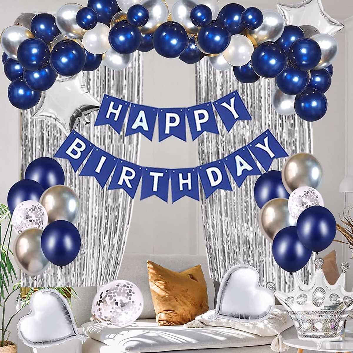 Navy Blue Silver Happy Birthday Party Decorations Set for Men Boys Women Girls, Banner, Crown Balloon, Fringe Curtains, Cake Topper for 13th 16th 18th 21st 25th 30th 40th 50th 60th 70th Party Supplies