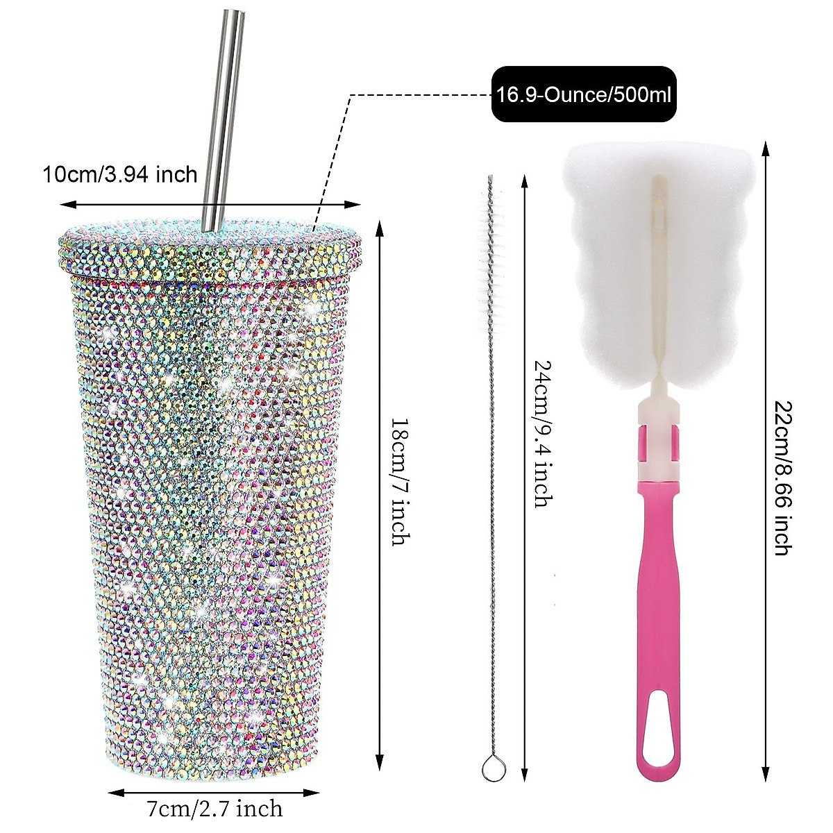 Mezchi Studded Bling Diamond Tumbler, 17 Oz Glitter Tumbler with Lid, Sparkly Stainless Steel Thermal Drinking Water Cup, Rhinestone Tumbler with 1 Pcs Brush 6 Pcs Straw Brushes for Women