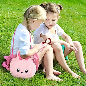deAO Rabbit Bunny Plush Bag with 11.5" Fashion Doll, Cute Animal Backpack Cosmetic Purse Storage Bag, Doll with Fashion Plush Clothes Playset, Adjustable Strap Pink Fluffy Bunny Handbags for Girls