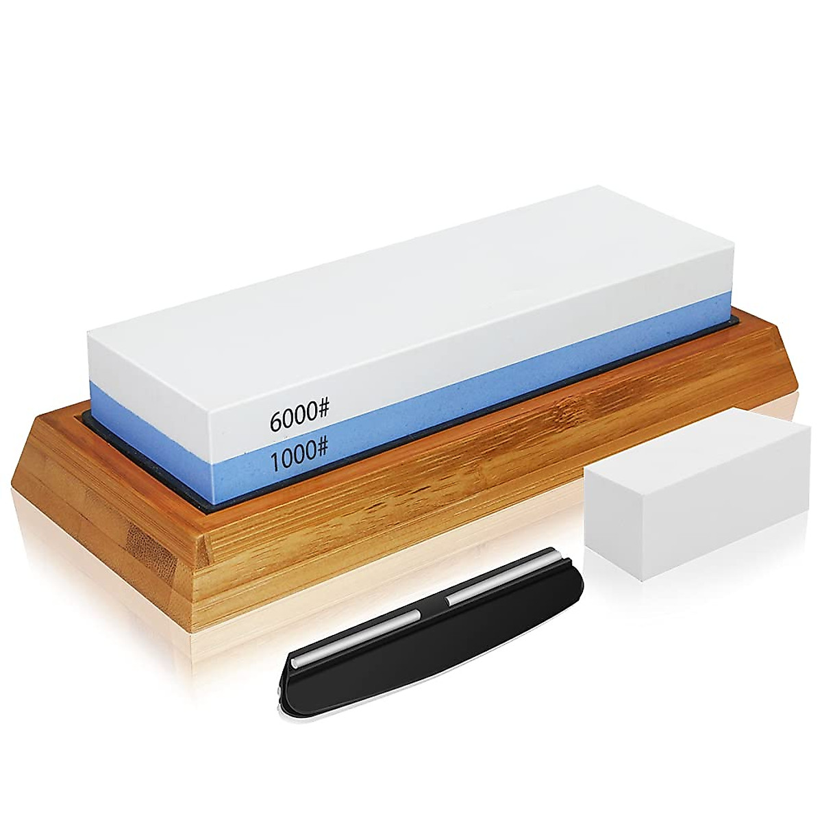 MASSUGAR Whetstone Knife Sharpening Stone Set, 2-Sided Premium Wet Stone Sharpener 1000/6000 Grit Wetstone Kit for Kitchen knives with Non-Slip Bamboo and Silicon Base Angle Guide, Flattening Stone