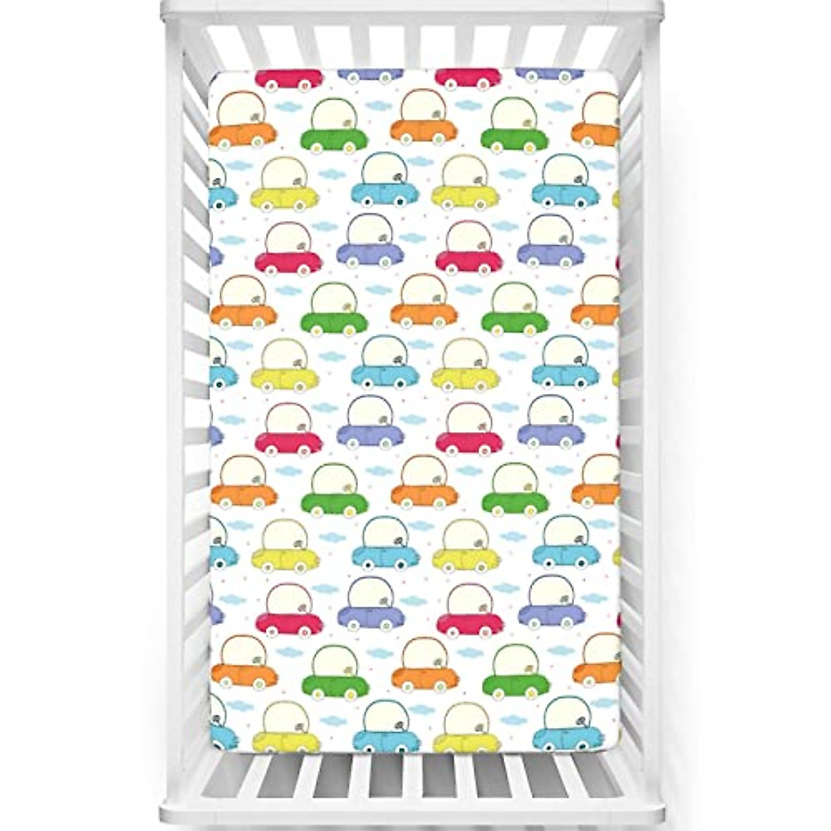 Cars Themed Fitted Crib Sheet,Standard Crib Mattress Fitted Sheet Ultra Soft Material-Crib Mattress Sheet or Toddler Bed Sheet, 28“ x52“,Multicolor