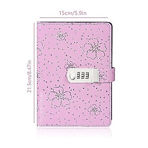 koboome Floral Notebook with Password Lock, A5 Size PU Leather Creative Password Notebook with Combination Lock Student Diary Notepad (Pink)