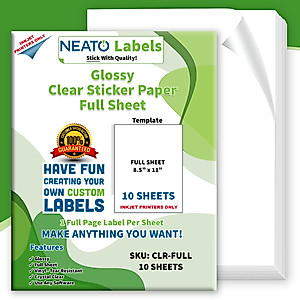 Clear Sticker Paper - Vinyl Full Sheet Label - Weatherproof - for Inkjet and Laser Printers - 10 Premium 8.5 x 11 Inch Clear Printable Sticker Paper - Tear Resistant- Includes Online Design Software's