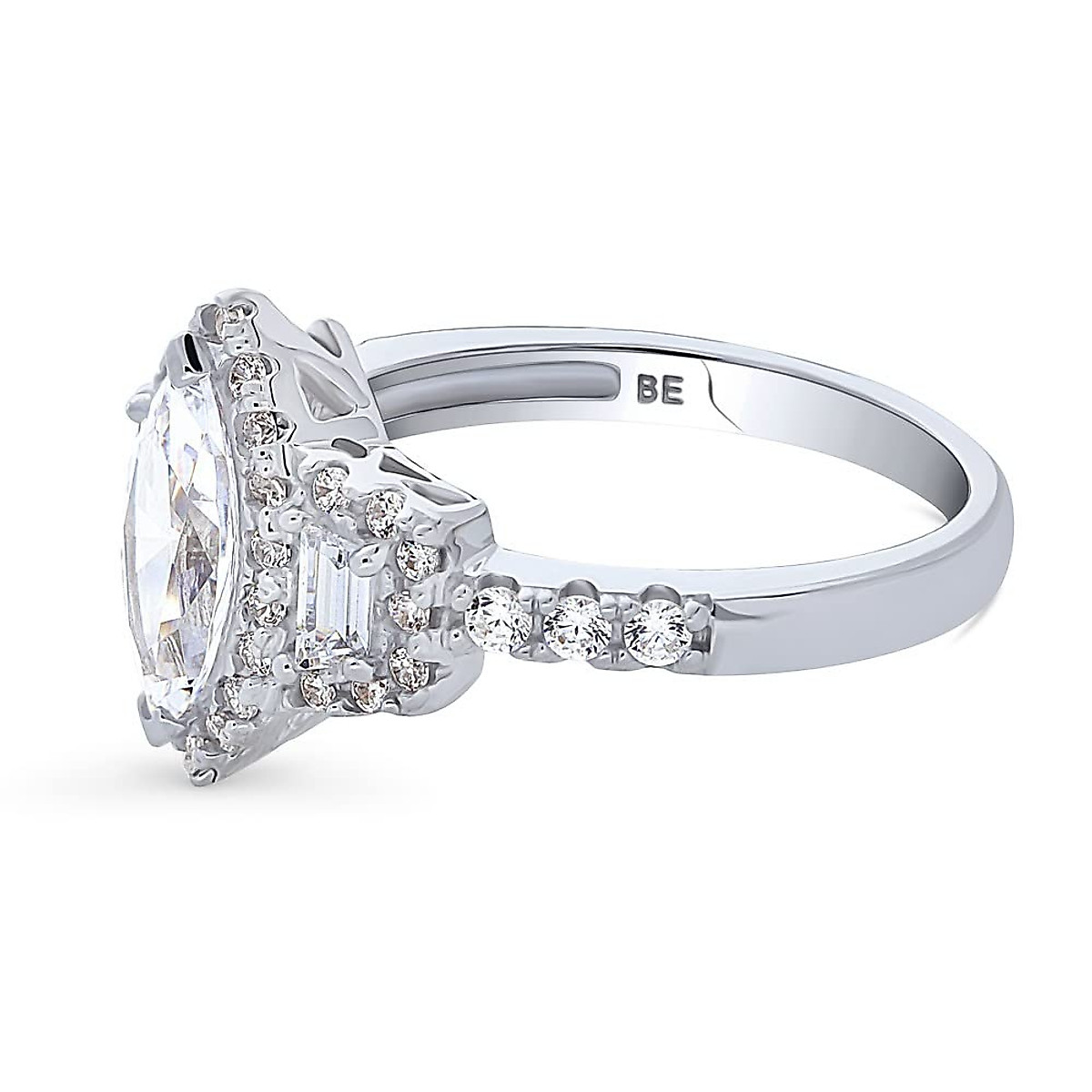 BERRICLE Sterling Silver 3-Stone Wedding Engagement Rings Marquise Cut Cubic Zirconia CZ Halo Ring for Women, Rhodium Plated Size 8
