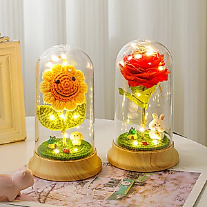 Levvohd Crochet Sunflower Gifts for Women, Artificial Sun Flower Birthday Gifts for Grandma, in Plastic Dome Sunflower, for Her Mom Mothers Day Christmas Day Gifts (B - Sunflower 4.3 in X 7.5 in)