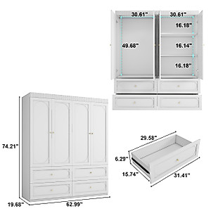 LABROSKIA Bedroom Armoire Wardrobe Closet with 4 Drawers: 74" White Wood Closet for Hanging Clothes, Cabinet for Clothes with 4 Doors, Large Wardrobe Closet with Shelves (White)