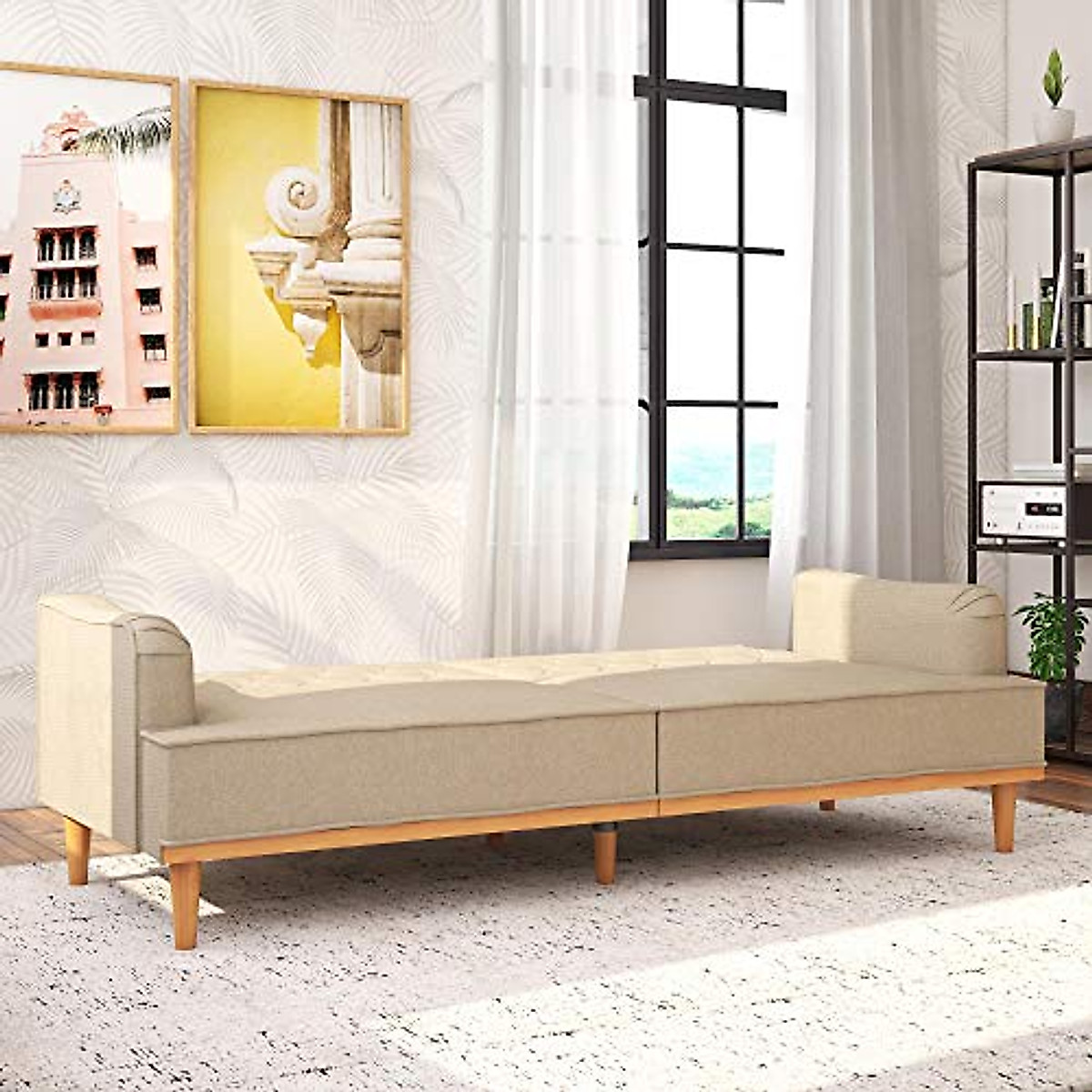 Mr. Kate Stella 80 Inch Futon Sofa Bed, Modern Upholstered Couch Sleeper with Button Tufted Back and Wood Trim, Tan