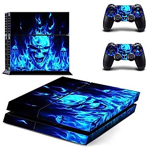 UUShop Vinyl Skin Decal Sticker Cover Set for Sony PS4 Console and 2 Dualshock Controllers Skin Blue Ice Flame Skull
