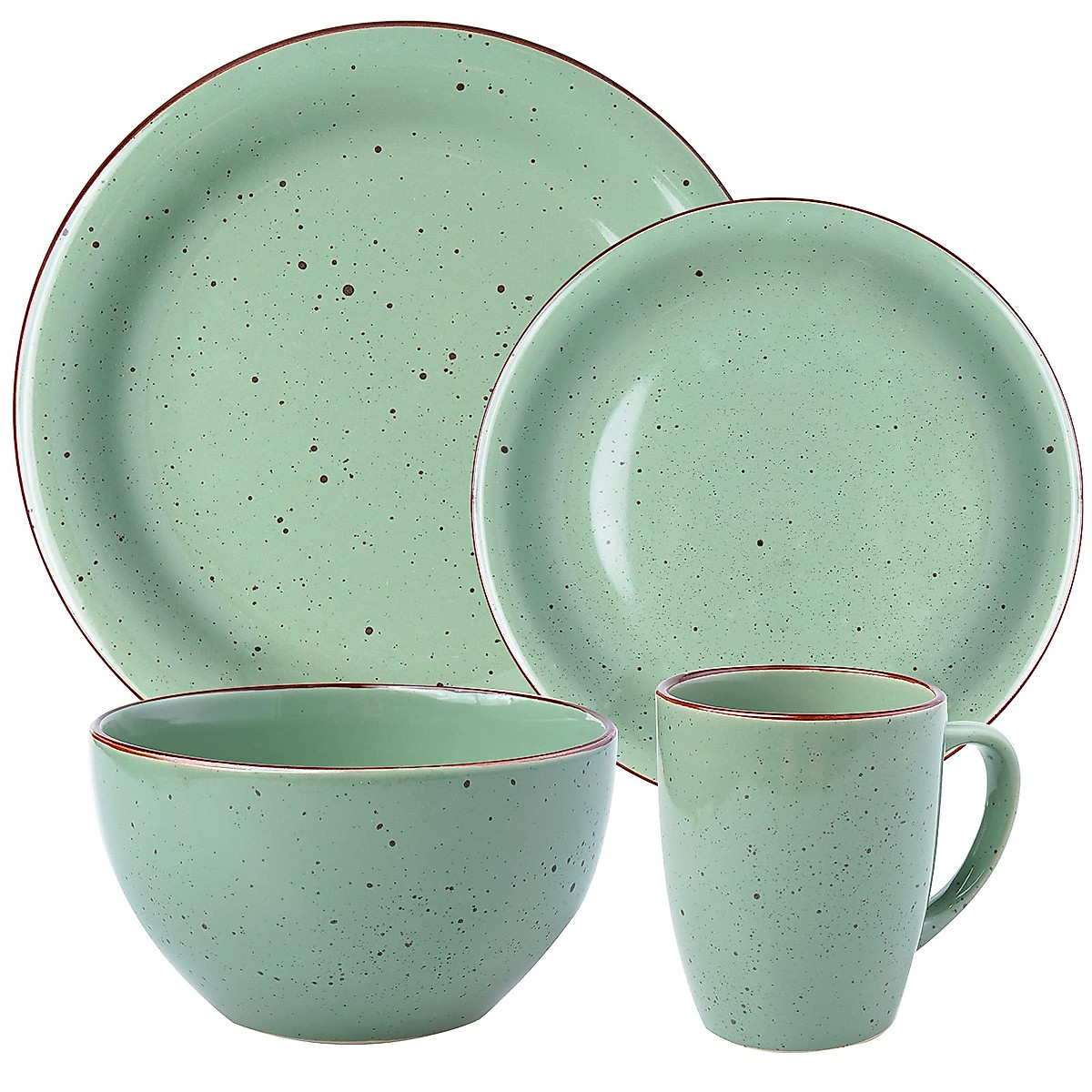 Sinouso 16 Piece Stoneware Dinnerware Set, Dinnerware Set for 4, Plates and Bowls Sets, Plates, Bowls, Cups, Microwave Dishwasher Safe, Service for 4 (Green Dot)