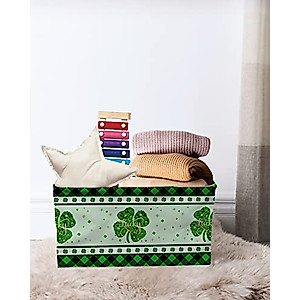 Storage Bins,Spring Four Clover Leaf Green Lattice Lucky Quote St. Patrick's Day Storage Basket with Handles,Waterproof Collapsible Storage Bin,Shamrock Storage Organizer for Shelves Closet