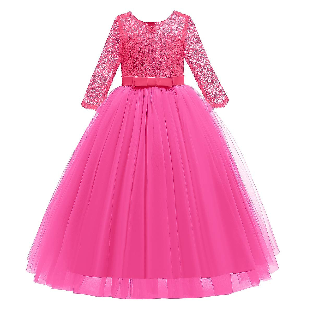 Spring Flower Girl Wedding Bridesmaid 3/4 Sleeves Kids Floral Lace Pageant Communion Princess Dress Prom Evening Dance Gown Hot Pink 7-8 Years