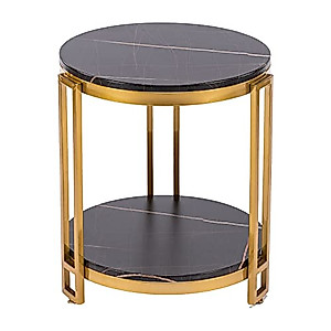 Alunaune Industrial End Table, 2-Tier Marble Look Round Side Table, Small Modern Storage Shelf Gold Metal Coffee Table Nightstand for Living Room Bedroom-Black