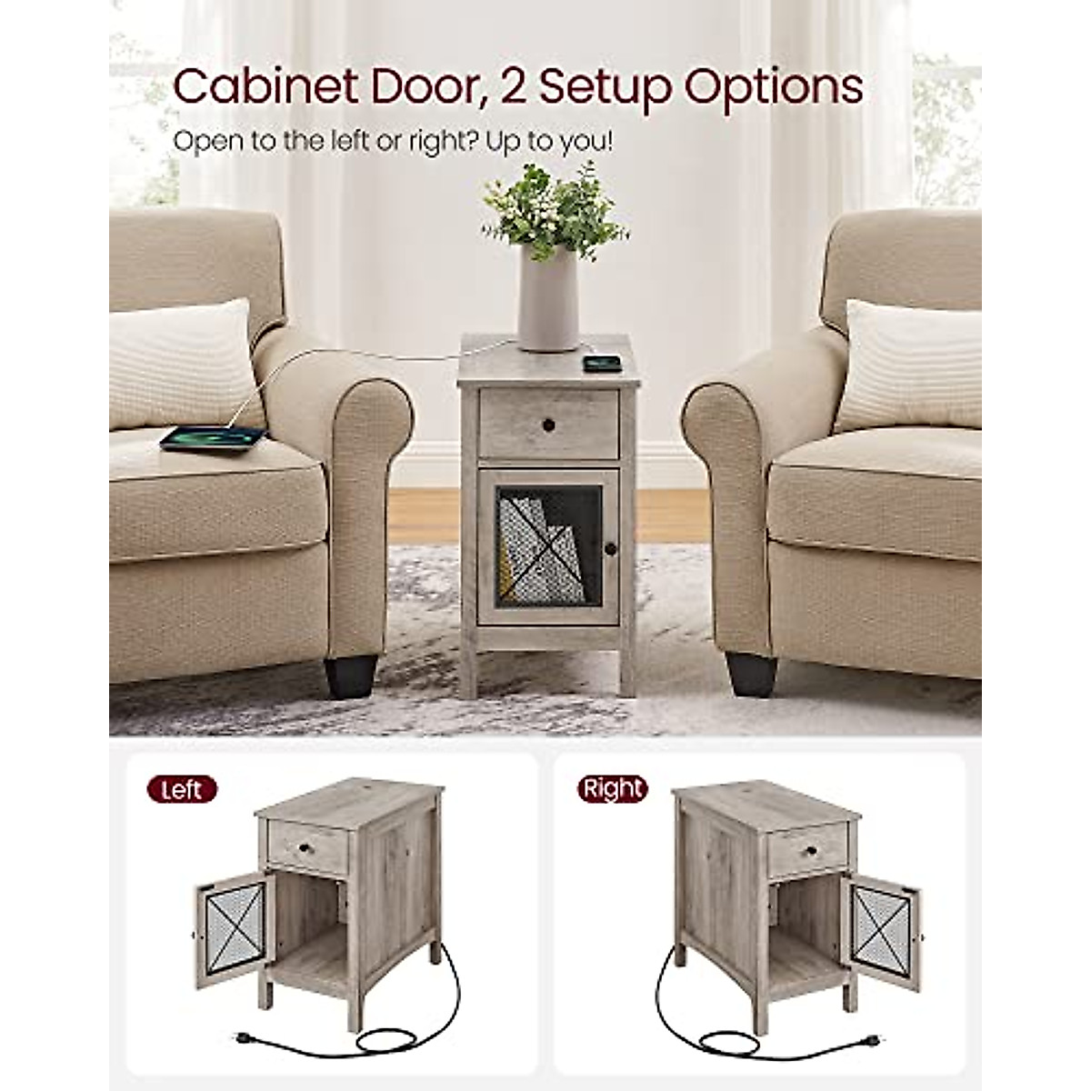 VASAGLE Side Table with Storage, End Table with USB Ports and Outlets, Nightstand with Charging Station, Drawer, Storage Cabinet, Magazine Rack, for Living Room, Bedroom, Greige