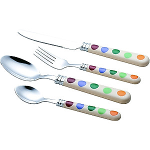 EXZACT Cutlery Set 24 PCS Stainless Steel with Polka Dots Handle - Dinner Knife x 6, Dinner Fork x 6, Table Spoon x 6, Tea Spoon x 6, Service for 6 - Mirror Polished