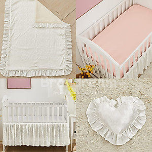 Brandream Baby Girls Nursery Bedding Beige White Blush Solid Color Crib Set Farmhouse Jacquard Rose Baby Blanket, Pink Fitted Sheet,Rose Bed Skirt & Chic Heart Pillow, 4 Pieces