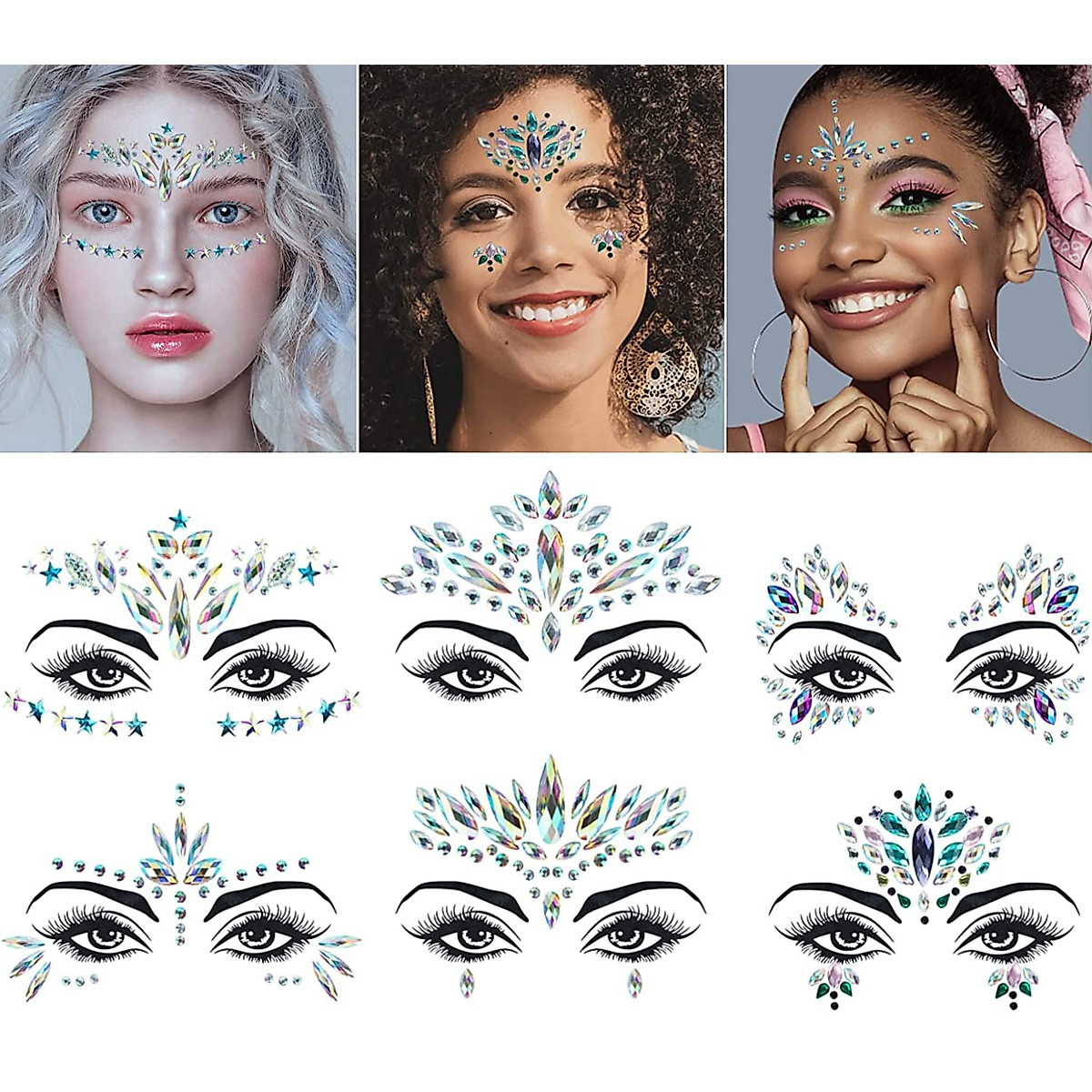 6 Sets Mermaid Face Jewels Rhinestone Face Gems Stick on Halloween Cosplay Party Carnival Festival Crystals Temporary Tattoos