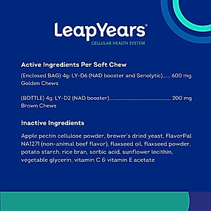 Leap Years Soft Chew Dog Supplement – Clinically Proven Daily NAD & Senolytic Formula; Support Cognition, Vitality & Healthy Cellular Aging; Beef Flavor (Large Breed (55-76 lbs))