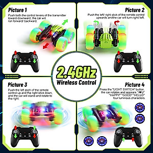 28°C RC Cars Stunt Cars, Remote Control Car for Boys Girls, Drift High Speed RC Cars, 360° Flips Double-Side RC Monster Truck with Headlight Wheel Light, Toys Gift for Kids on Christmas (Green)