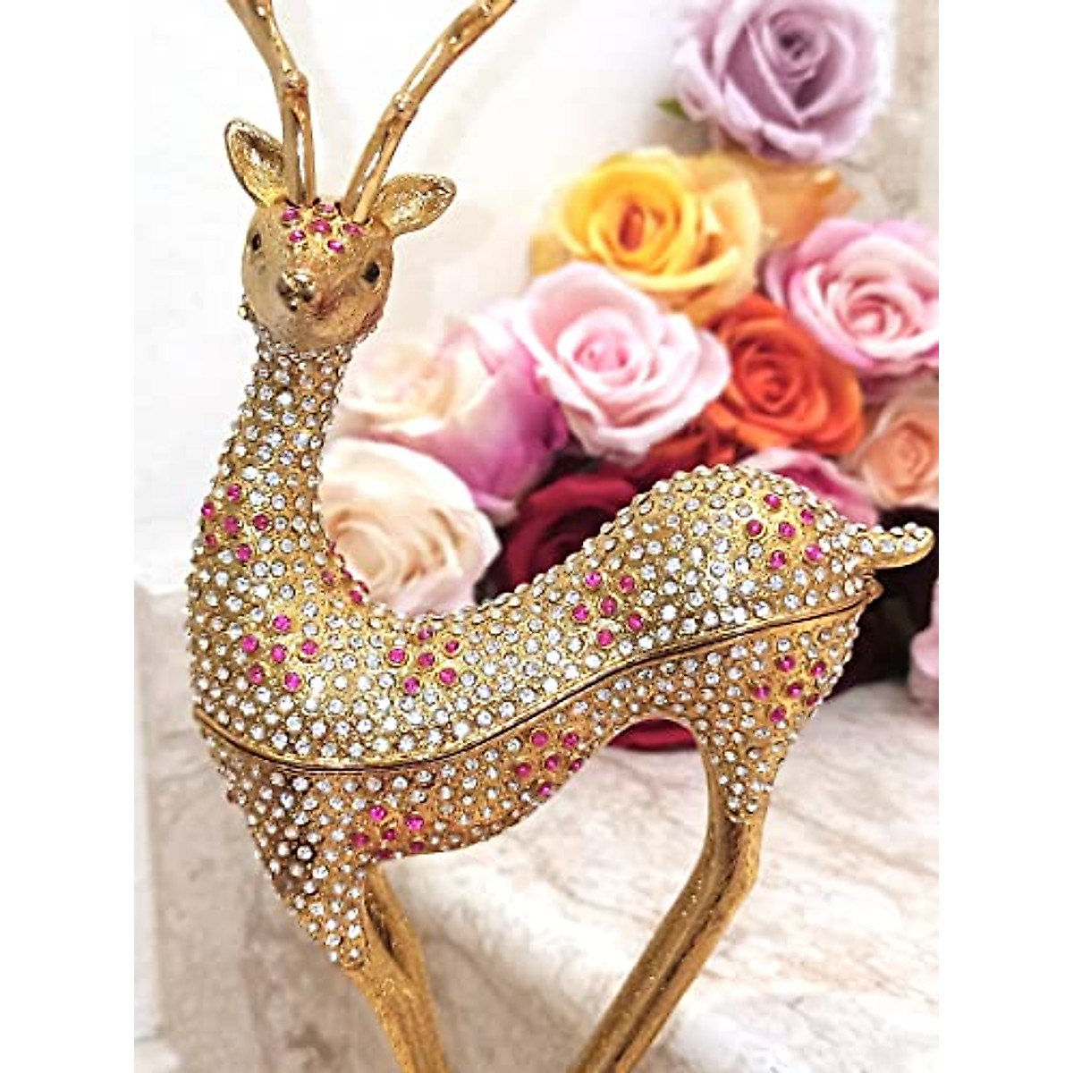 10ct HANDMADE Limited Edition ANTIQUE 1990 Reindeer Figurine LARGE FABERGE Egg Jewelry Box & Fabergé Pendant Necklace & RUBY Bracelet 24k GOLD Womens Day Deer Statue for Home Decor Reindeer Unique 14"