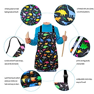 MRYUWB 2 Pack Boys Dinosaur Apron, Girls Rainbow Unicorn Aprons for Cooking, Painting, Kitchen Chef Apron for Kids 3-12 Years (Powerful Dinosaurs, Large (6-12 Years))