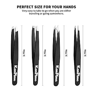 Tweezers Set - KanPime Professional Stainless Steel Tweezers with Storage Case for Eyebrows, Precision Tweezers Kit for Facial Hair, Splinter and Ingrown Hair Removal (Black)