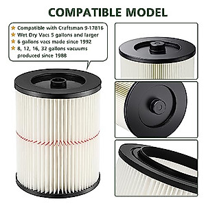 9-17816 Red Stripe Vacuum Cartridge Filter Replacement Compatible with Craftsman Wet/Dry 5/6/8/12/16/32 Gallon & Larger(2 Pack)