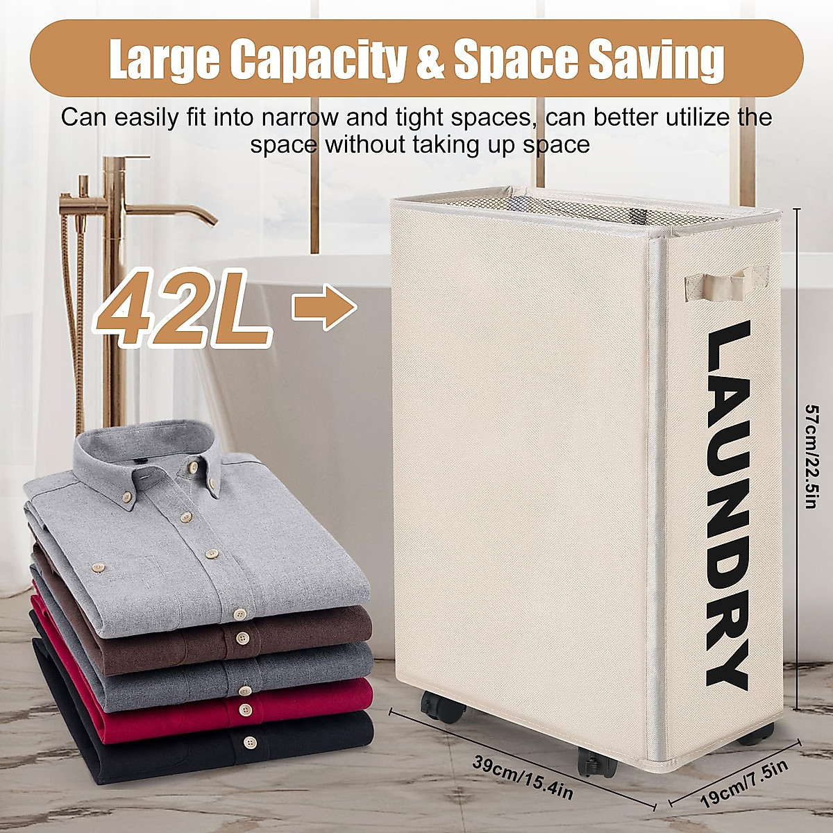 2 Pack Rolling Slim Laundry Basket Laundry Hamper with Wheels and Handle Foldable Waterproof Narrow Corner Clothes Storage Bins Tall Laundry Basket for baby's room/Laundry Room Etc,(42L,Beige+Grey)