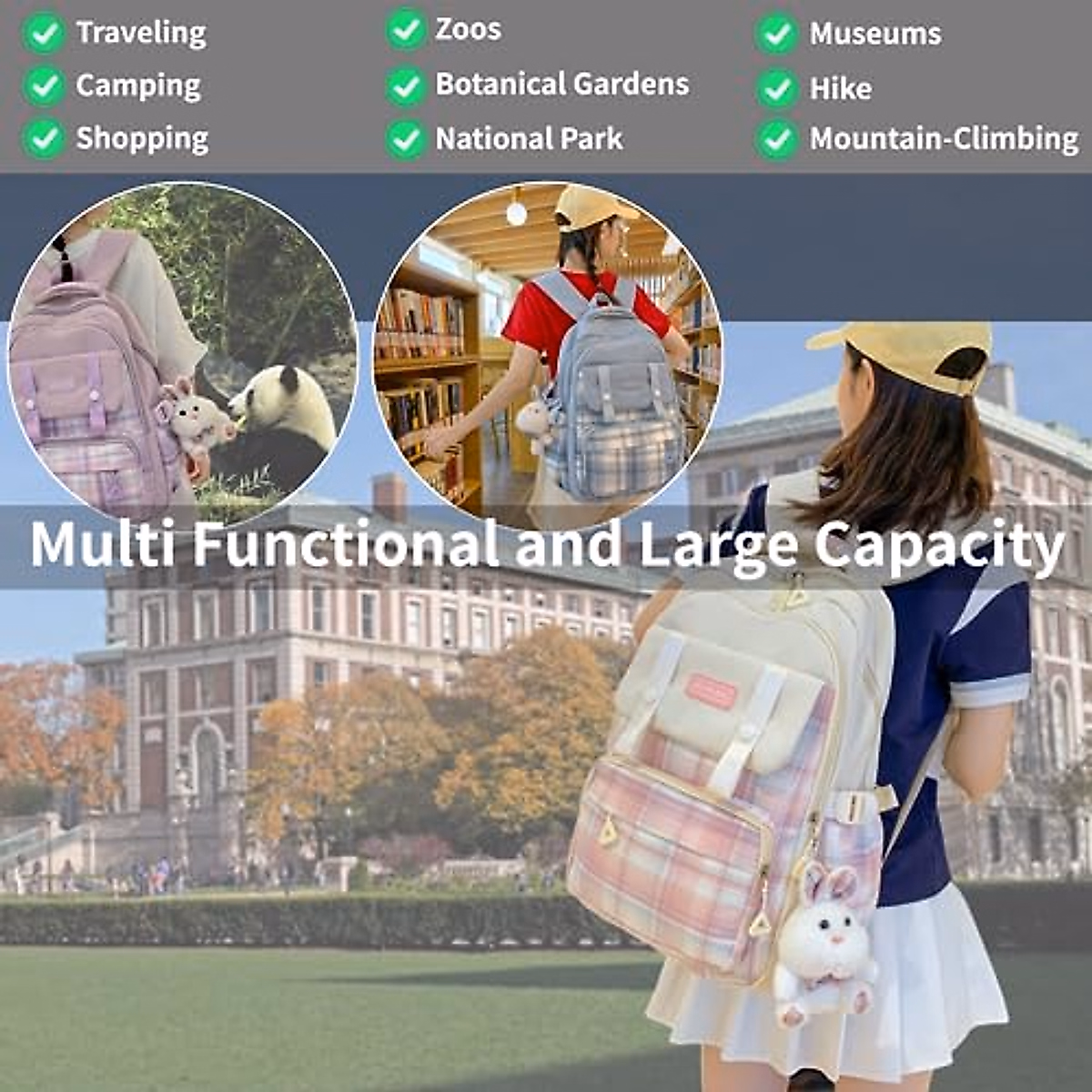 iwhgrmp Kawaii Backpack with Cute Accessories Versatile Big Capacity Cute Aesthetic Travel Backpacks Adorable Lovely Daypack (Blue)