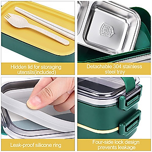 JUBOSYCZ Stainless Steel Bento Box for Adults&Kids,Japanese Leakproof Lunch Box Divided Food Meal Storage Containers Set Stackable 2 Layer for Children School Picnic Green