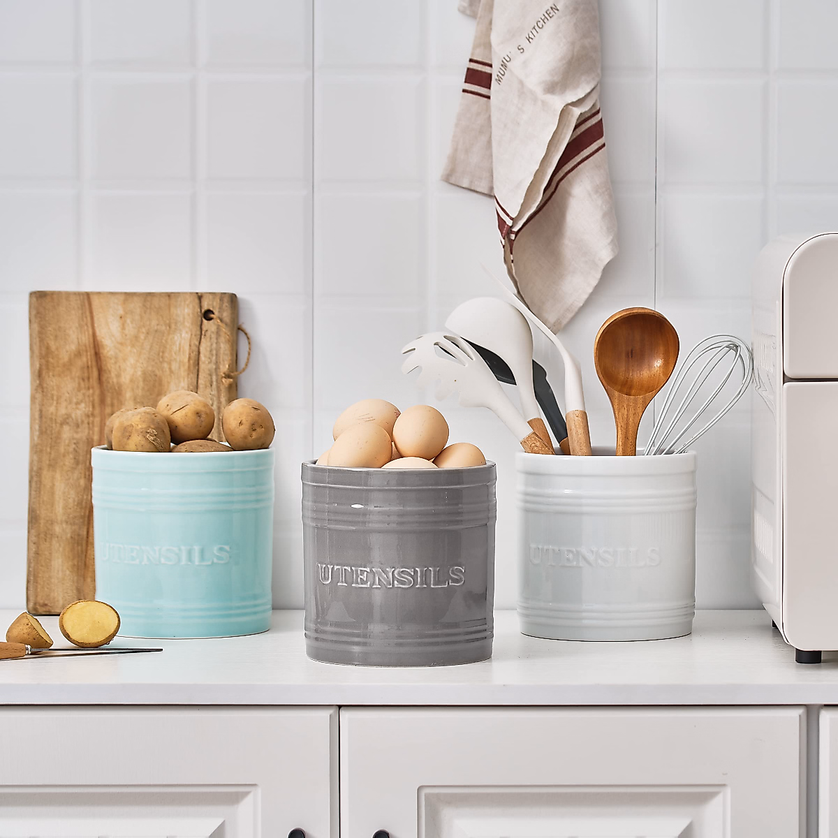 Kitchen Utensil Holder for Countertop 5.9 inch Porcelain Utensil Crock for Kitchen Deep and Large, Turquoise