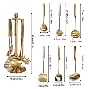 Golden Utensils Set with Stand, Stainless Steel Kitchen Cooking Spoons, Ladle Skimmer Spoons Utensil Sets,7PCS Cooking Spoon,Dishwasher Safe,Frying & Grilling Cookware Tools