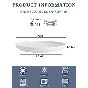 Kanwone Porcelain Dinner Plates - 10 Inch - Set of 6, White, Microwave and Dishwasher Safe Plates, White Dishes, Morden Plates