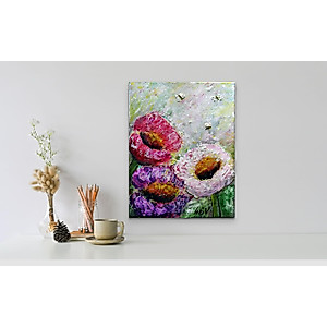 Bees and Flowers, Boho Whimsy Colorful Botanical Floral Oil Painting, BEE FARM