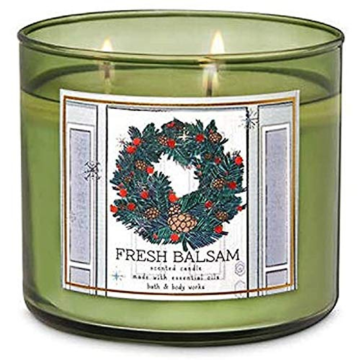 White Barn Bath and Body Works Fresh Balsam 3 Wick Candle Dark Green Glass with Wreath Design Label Winter 2019 Collection