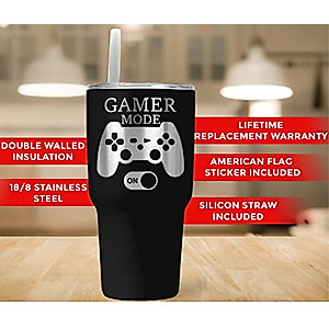 Gaming Mugs for Men - Gamer Mode ON - 30oz Stainless Steel Tumbler with Lid and Silicone Straw | Funny Gifts For Gamers Idea Gamer Cup - Video Gamer Mug Boys - Nerd Gifts