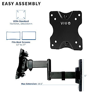 VIVO Full Motion Wall Mount for up to 27 inch LCD LED TV and Computer Monitor Screens, Tilt and Swivel Bracket with Max 100x100mm VESA, Black, MOUNT-VW01M