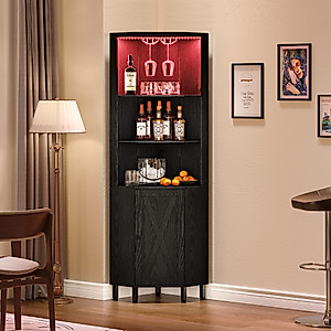 YITAHOME Corner Bar Cabinet with LED Lights & Glass Holder, 5 Tier Corner Shelf with Storage, Wine Rack Cabinet Display Shelves for Living Room, Dining Room, Kitchen, Black