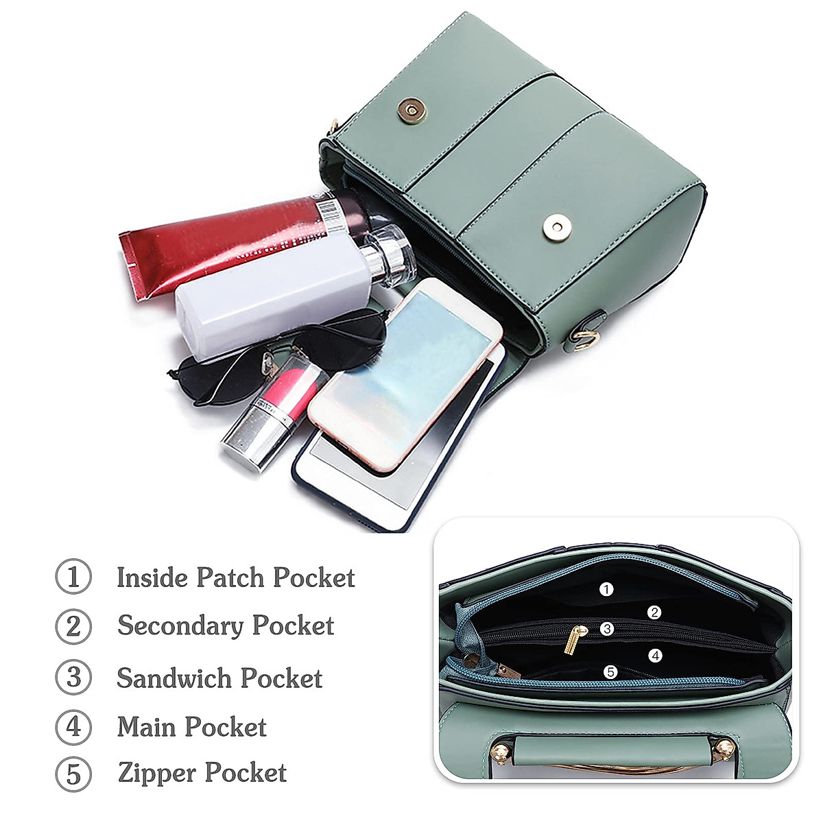 PORRASSO Fashion Shoulder Bag Women Handbag Top-Handle Bag Crossbody Bag PU Leather Messenger Bag Lovely Bag for Dating Shopping Daily Use Green