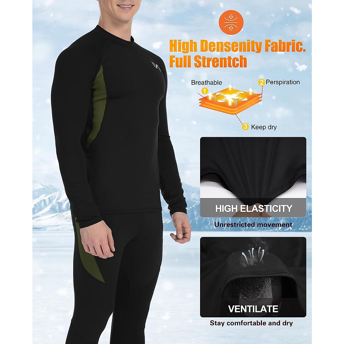 MEETYOO Thermal Underwear, Men's Base Layer,2 Sets Long Johns Lined with Hunting Gear, Black+Black, Small