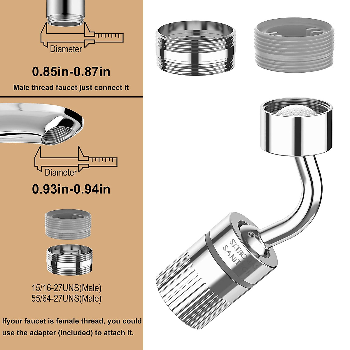 ST.THOMAS Swivel Faucet Aerator,2-function Faucet Nozzle,360° Big Angle Rotate kitchen faucet head replacement,Faucet Extender for Kitchen 55/64 inch Female Thread,Kitchen Sink Aerator