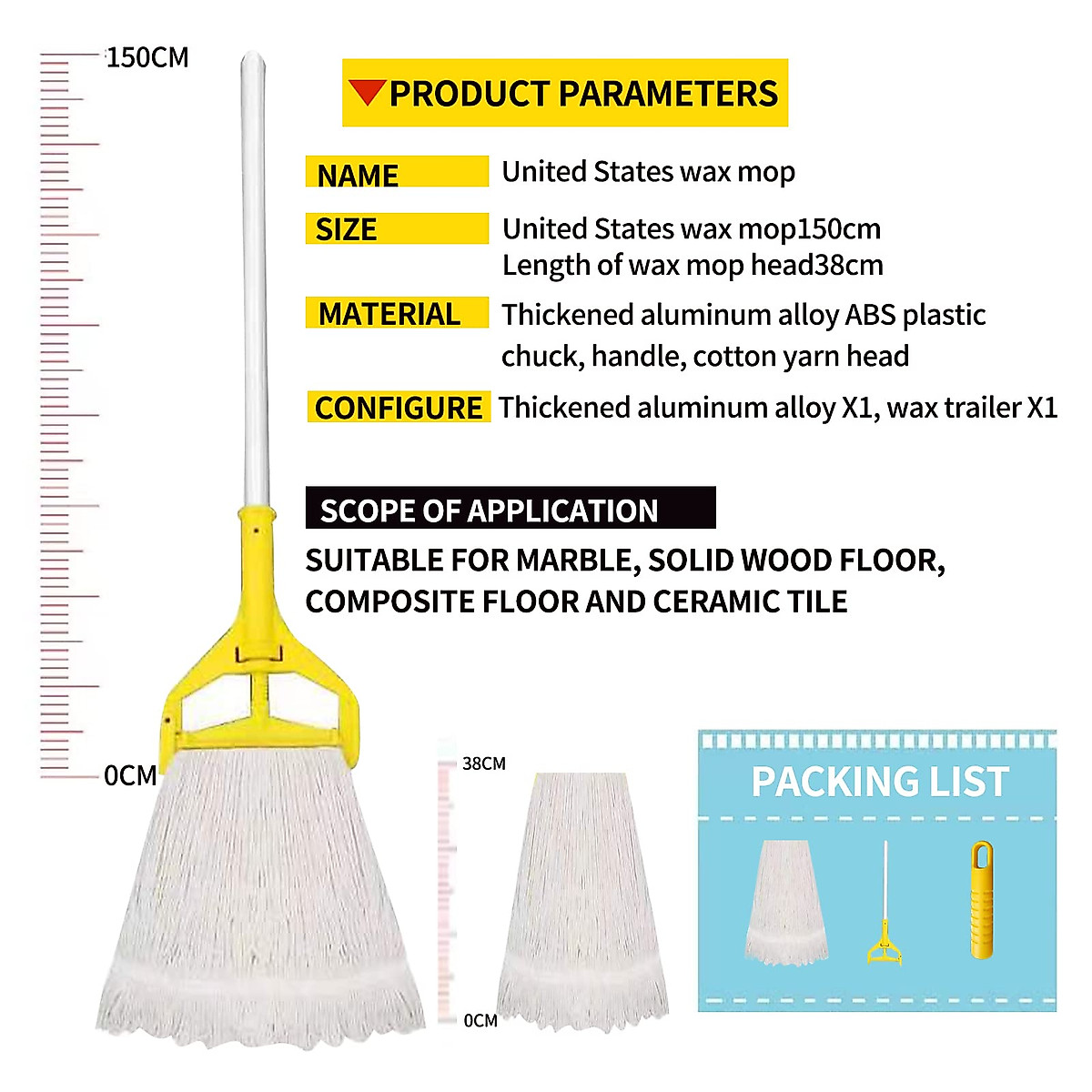 Esuphands Loop-End String Wet Mop Heavy Duty Cotton Mop Commercial Industrial Grade Side Clip-On Mop Head for Floor Cleaning 59"